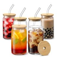China 16oz Glass Beer Can Shaped Cup with Bamboo Lid and Straw 13.5cm Height for sale