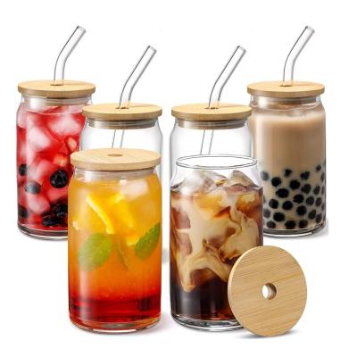 China 16oz Glass Beer Can Shaped Cup with Bamboo Lid and Straw 13.5cm Height for sale