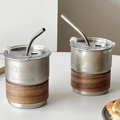 China 304 Stainless Steel Single Wall Coffee Cup 290ml with Lid Wooden Sleeve for Travel Party for sale