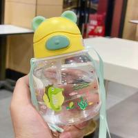 China 450ml PC Plastic Cute Bear Shape Water Cup With Straw And Rope Leakproof Water Bottle for sale