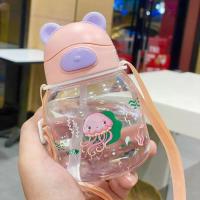 China 450ml PC Plastic Cute Bear Shape Water Cup With Straw And Rope Leakproof Water Bottle for sale