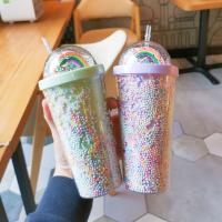 China 550ml Clear PC Plastic Cup BPA-free Double-walled Reusable Milkshake Cup with Straw for sale