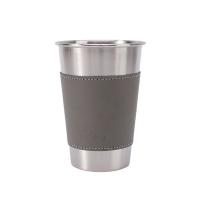China Single Wall Stainless Steel Beer Travel Mug 500ml with Custom Logo and Brown Leather Cover for sale