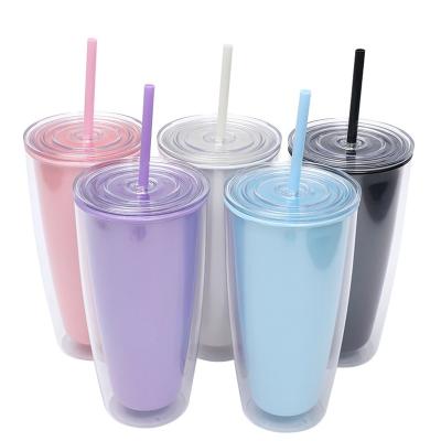 China 750ml Double Wall Plastic Cup with Lid and Straw Reusable Children Tumbler for sale