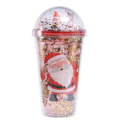 China Plastic Christmas Cups 500ml Glitter Double Wall Drinking Tumbler with Lids Straws for sale