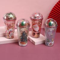 China Plastic Christmas Cups 500ml Glitter Double Wall Drinking Tumbler with Lids Straws for sale