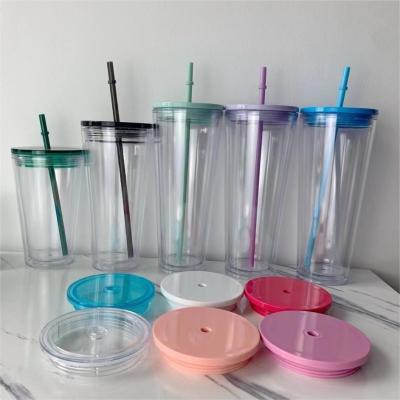 China Custom DIY 16oz 24oz Double Wall Plastic Acrylic Clear Cup with Straw and Lid for sale