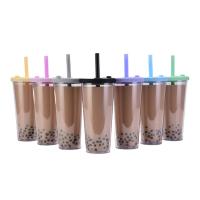 China 24oz 700ml Double Wall Plastic Tumbler Reusable Boba Bubble Tea Cups with Lid for sale