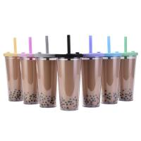 China Reusable 24oz Double Wall Plastic Milk Tea Cup with Straws Custom Color for sale