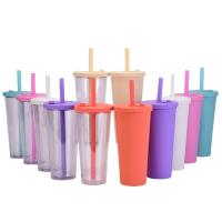 China Reusable 24oz Double Wall Plastic Milk Tea Cup with Straws Custom Color for sale