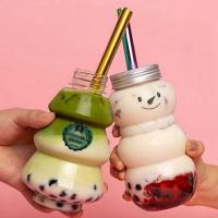 China 500ml Transparent Plastic Snowman Juice Bottle with Lid for Christmas Party for sale