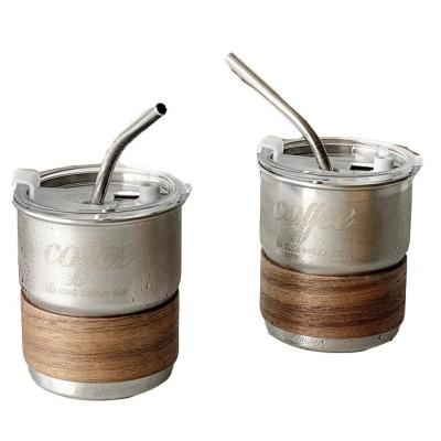 China 304 Stainless Steel Coffee Mug 290ml with Lid Custom Logo Single Wall Wooden Sleeve Cup for sale