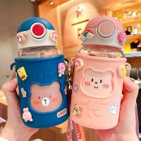 China Wholesale 3D Sticker Plastic Water Bottle for Kids 620ml BPA Free Cute Bear Bottle with Straw for sale