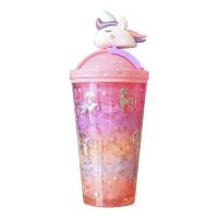 China 430ml Unicorn Plastic Water Bottle with Straw and Lid Cute Reusable Ice Cup for Adults for sale