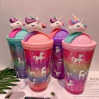 China 430ml Unicorn Plastic Water Bottle with Straw and Lid Cute Reusable Ice Cup for Adults for sale