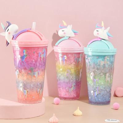 China 430ml Double Wall Plastic Cold Drink Cup with Straw Unicorn Design Leak Proof Portable for sale