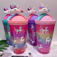 China 430ml Double Wall Plastic Cold Drink Cup with Straw Unicorn Design Leak Proof Portable for sale