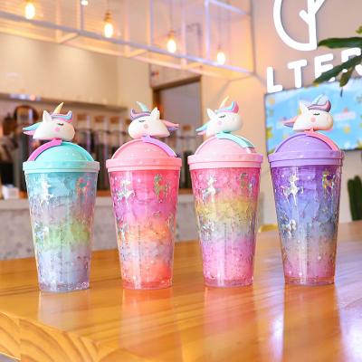 China Unicorn Creative Water Bottle 430ml Double Wall Plastic Straw Cup 10cmx25cm Custom Color for sale