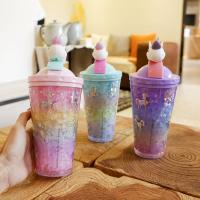 China Unicorn Creative Water Bottle 430ml Double Wall Plastic Straw Cup 10cmx25cm Custom Color for sale
