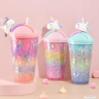 China Unicorn Creative Water Bottle 430ml Double Wall Plastic Straw Cup 10cmx25cm Custom Color for sale