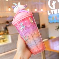 China Unicorn Creative Water Bottle 430ml Double Wall Plastic Straw Cup 10cmx25cm Custom Color for sale