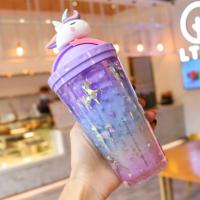 China Unicorn Creative Water Bottle 430ml Double Wall Plastic Straw Cup 10cmx25cm Custom Color for sale