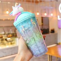 China Unicorn Creative Water Bottle 430ml Double Wall Plastic Straw Cup 10cmx25cm Custom Color for sale