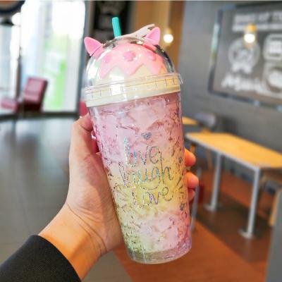 China Unicorn Creative Double Wall Plastic Water Bottle 430ml with Straw and Lid for School for sale