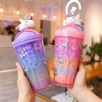 China Unicorn Creative Double Wall Plastic Water Bottle 430ml with Straw and Lid for School for sale