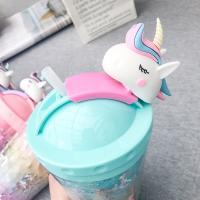 China Unicorn Creative Double Wall Plastic Water Bottle 430ml with Straw and Lid for School for sale