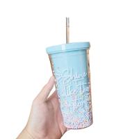 China Direct Drinking Double Wall Dome Acrylic Milk Tea Cup With Sequins Color Customized for sale