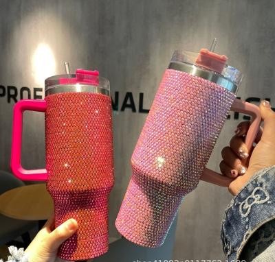 China 40oz Diamond-encrusted Stainless Steel Water Bottle Vacuum Cup with Straw and Handle for sale