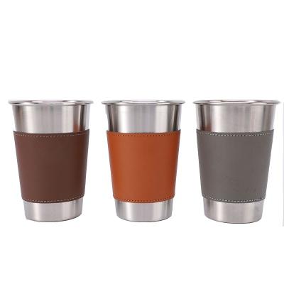 China Stainless Steel Beer Mug 170ml 330ml 500ml Portable Camping Cup with Leather Case for sale