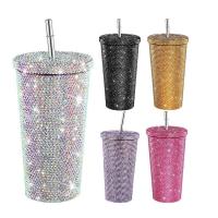 China 500ML Double Wall Insulated Stainless Steel Tumbler with Rhinestones and Straw for sale