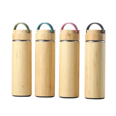 China Custom Logo Bamboo Thermos Flask 450ml 500ml Vacuum Insulated Stainless Steel Water Bottle for Outdoor Business Gift for sale