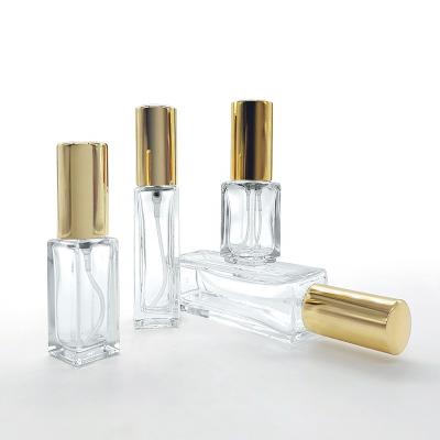China Clear Luxury Empty 3ml 5ml 8ml 10ml 15ml Refillable Thick Square Glass Perfume Bottle With Gold Sprayer Pump for sale