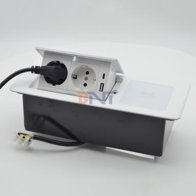China Tabletop Pop-up Electrical Socket with 2 EU Power Outlets, USB-C Charging and Wireless Charger - 16A/5A Rated 266×118×73mm for sale