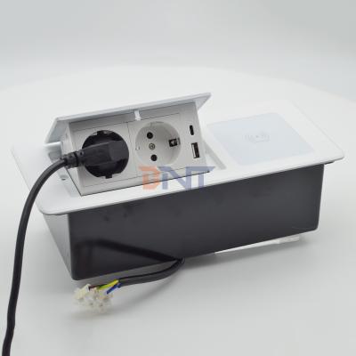 China Pop-up Electrical Socket with 2 AC Outlets, USB Type-A/C & Wireless Charging - IP44 Rated 10A Capacity EU Plug for sale