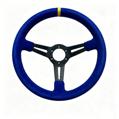 China DELUXON Universal Blue Suede Racing Steering Wheels 350mm 70MM Dish 6 Bolt With Black Stitching Black Spoke  for sale