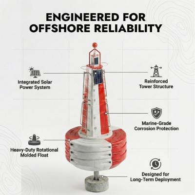 China Heavy-duty Ø2600 offshore navigation buoy with 6000kg buoyancy, galvanized steel tower, LLDPE float body and SC160 lantern compatibility. OEM options available. for sale