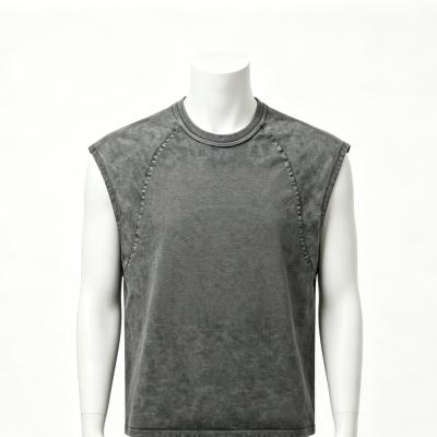 China Crew Neck Mens Sleeveless Tank Top Dark Green / Silver Grey 100% Cotton Vest Vintage Washed for sale