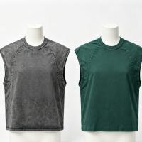 China Crew Neck Mens Sleeveless Tank Top Dark Green / Silver Grey 100% Cotton Vest Vintage Washed for sale