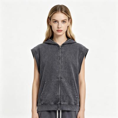 China 400GSM Hooded Zip Up Vest Vintage Ruin Wash Streetwear Gilet Oversized for sale