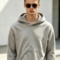 China Light Gray Stone Wash Hoodies Heavyweight Drop Shoulder Pullover Light Gray With Leopard Print Lined Hood for sale