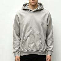 China Light Gray Stone Wash Hoodies Heavyweight Drop Shoulder Pullover Light Gray With Leopard Print Lined Hood for sale