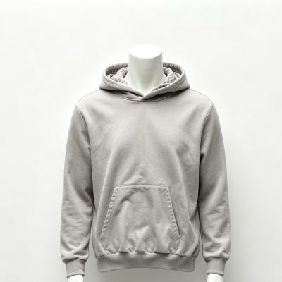 China Light Gray Stone Wash Hoodies Heavyweight Drop Shoulder Pullover Light Gray With Leopard Print Lined Hood for sale