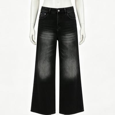 China Washed Straight Denim Pants Elastic Back Washed Denim Pants Black Blue for sale