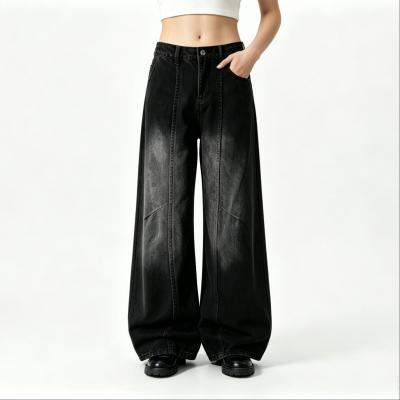 China Elastic Back Light Wash Frayed Hem Jeans Black Blue Lyocell Blend Wide Leg Jeans Washed for sale