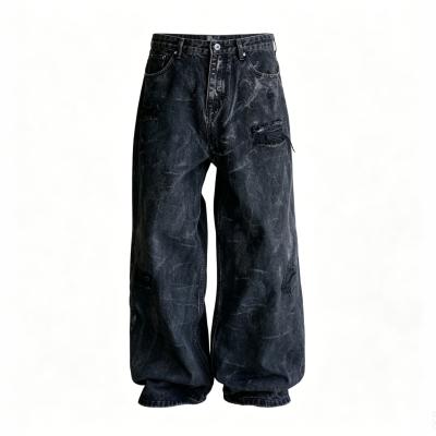 China Distressed Mid Rise Wide Leg Jeans Straight Fit Men's Jeans Black Gray for sale