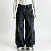 China Distressed Mid Rise Wide Leg Jeans Straight Fit Men's Jeans Black Gray for sale